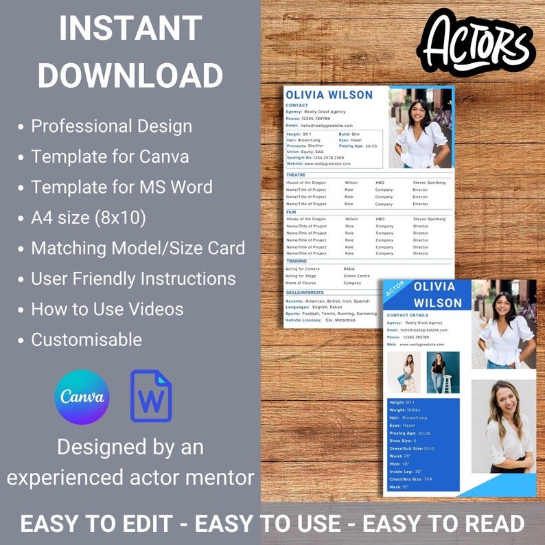 Acting Resume Template | Customizable CV + Size Card (canva & Word) - Etsy