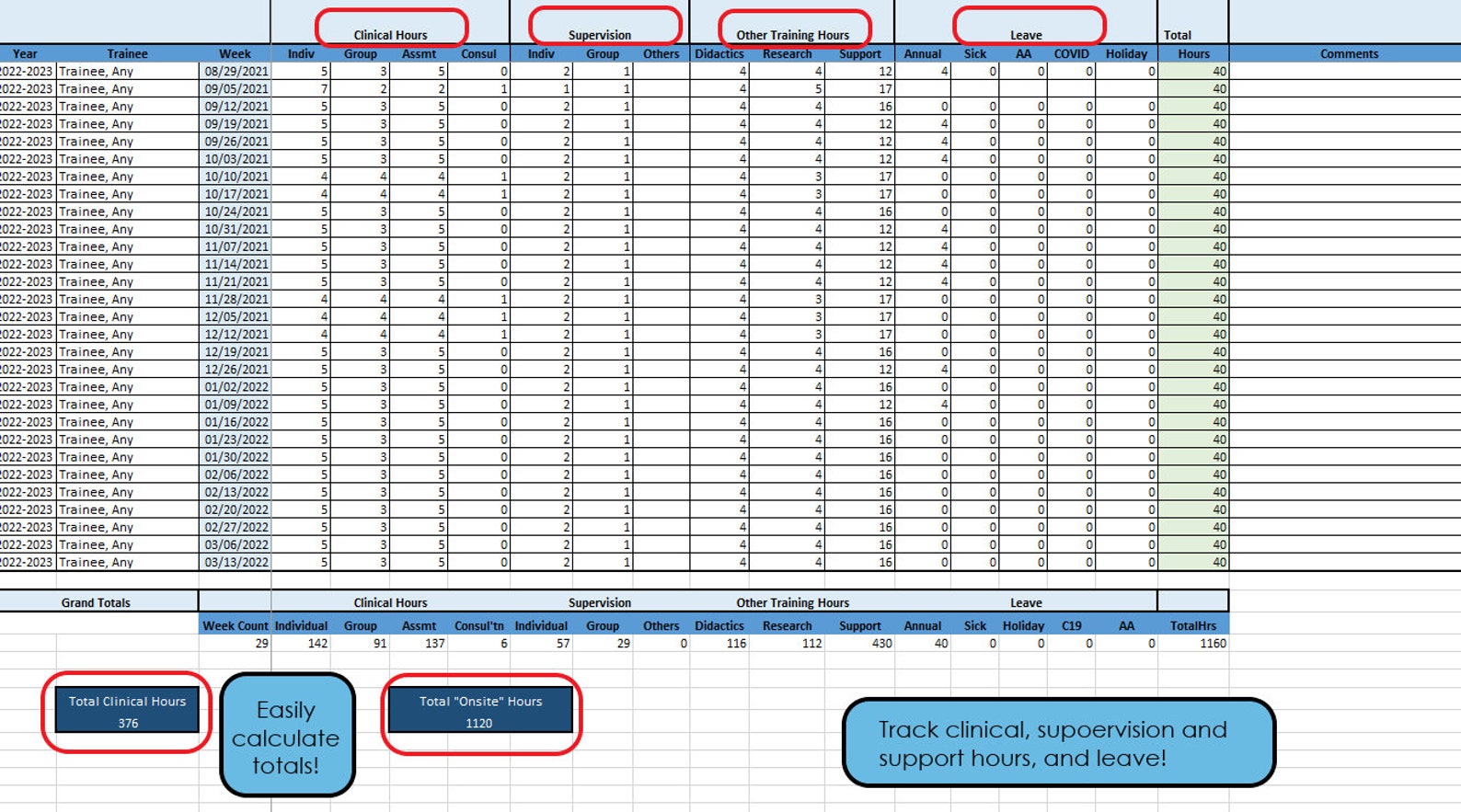 Clinical Hours Tracking Excel Sheet for Psychology Practicum ...