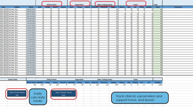 Clinical Hours Tracking Excel Sheet for Psychology Practicum ...