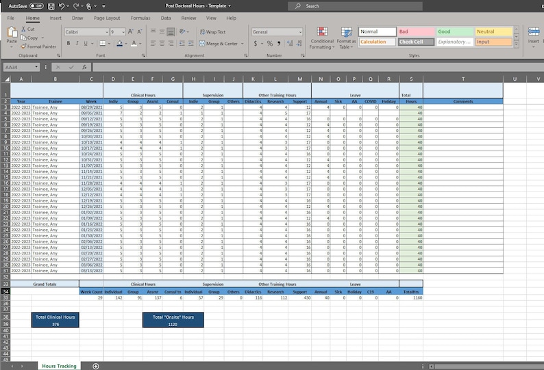 Clinical Hours Tracking Excel Sheet for Psychology Practicum ...