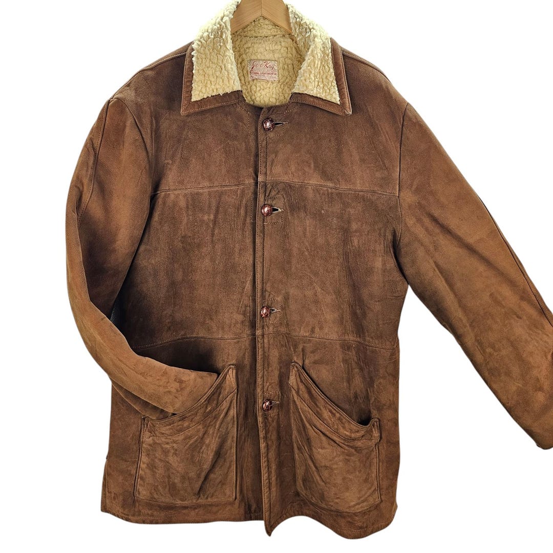 Vtg 70s Leather Suede Jacket Mens 48 Sherpa Lined Ranch Chore Coat ...