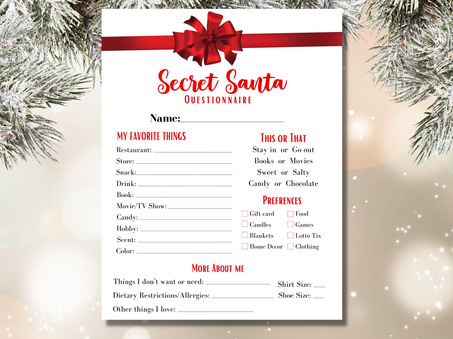 Secret Santa Gift Exchange Printable Gift Questionnaire - Etsy