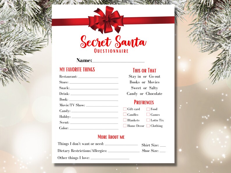 Secret Santa Gift Exchange Printable Gift Questionnaire Gift List ...