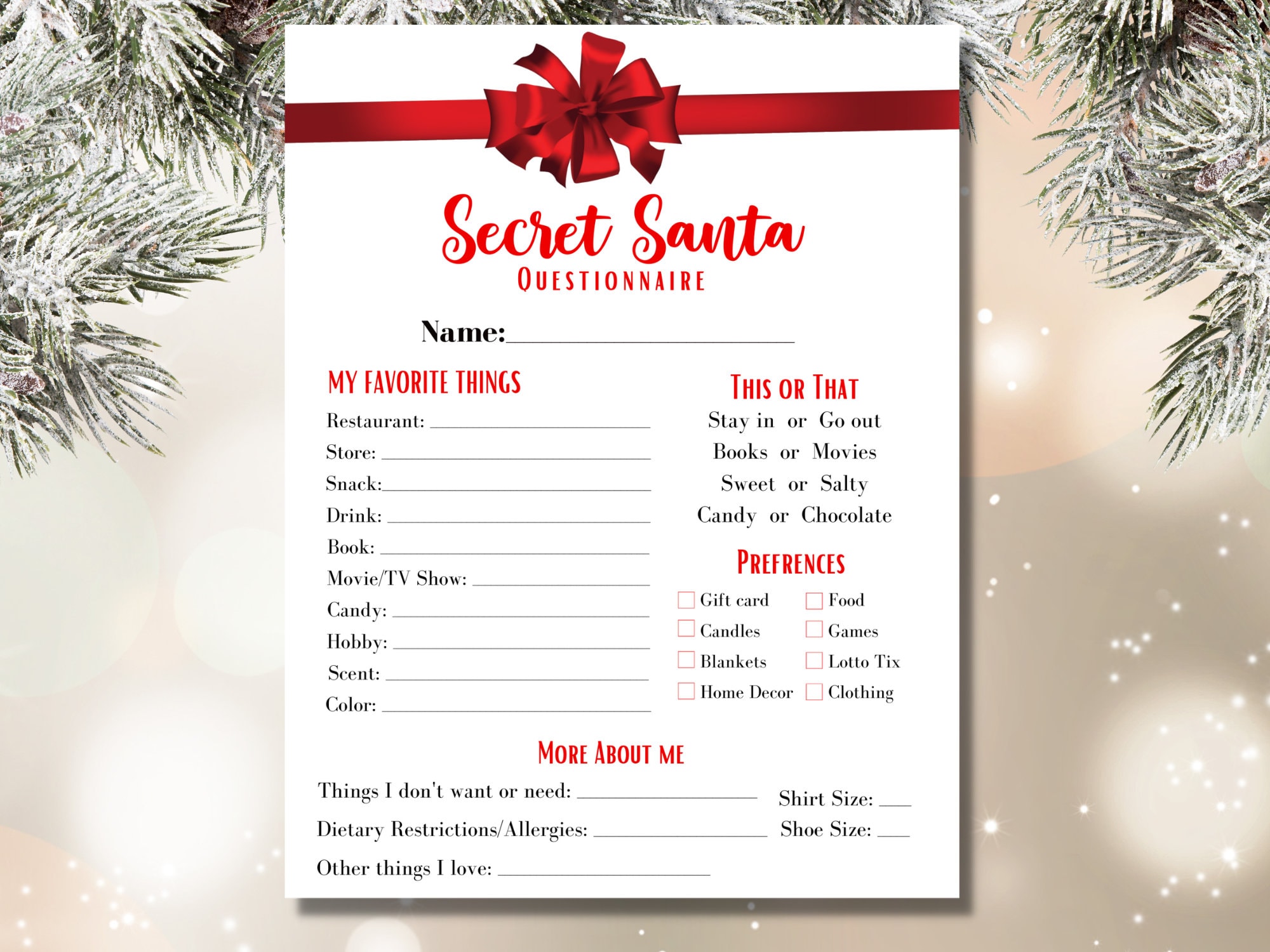 Secret Santa Gift Exchange Printable Gift Questionnaire Gift List ...