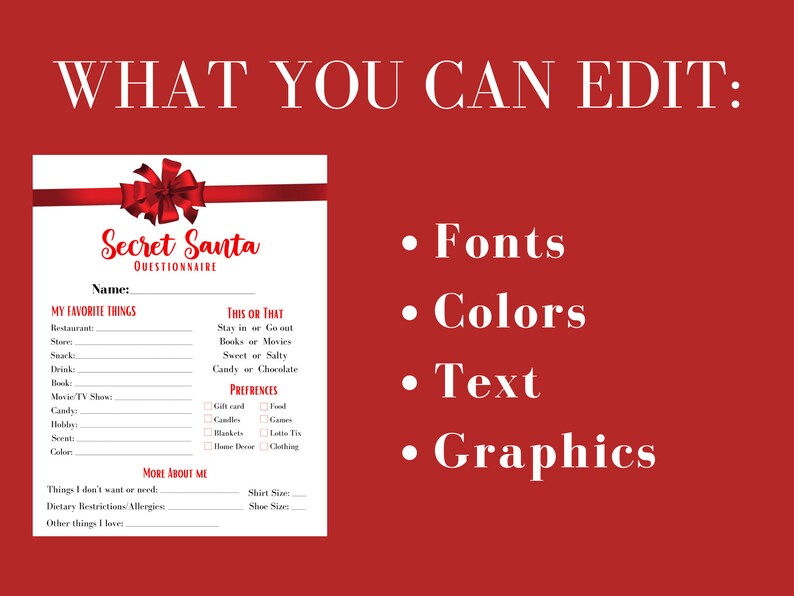 Secret Santa Gift Exchange Printable Gift Questionnaire Gift List ...