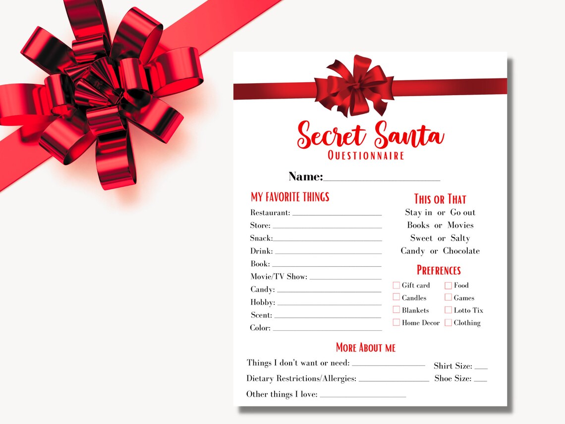 Secret Santa Gift Exchange Printable Gift Questionnaire Gift List ...
