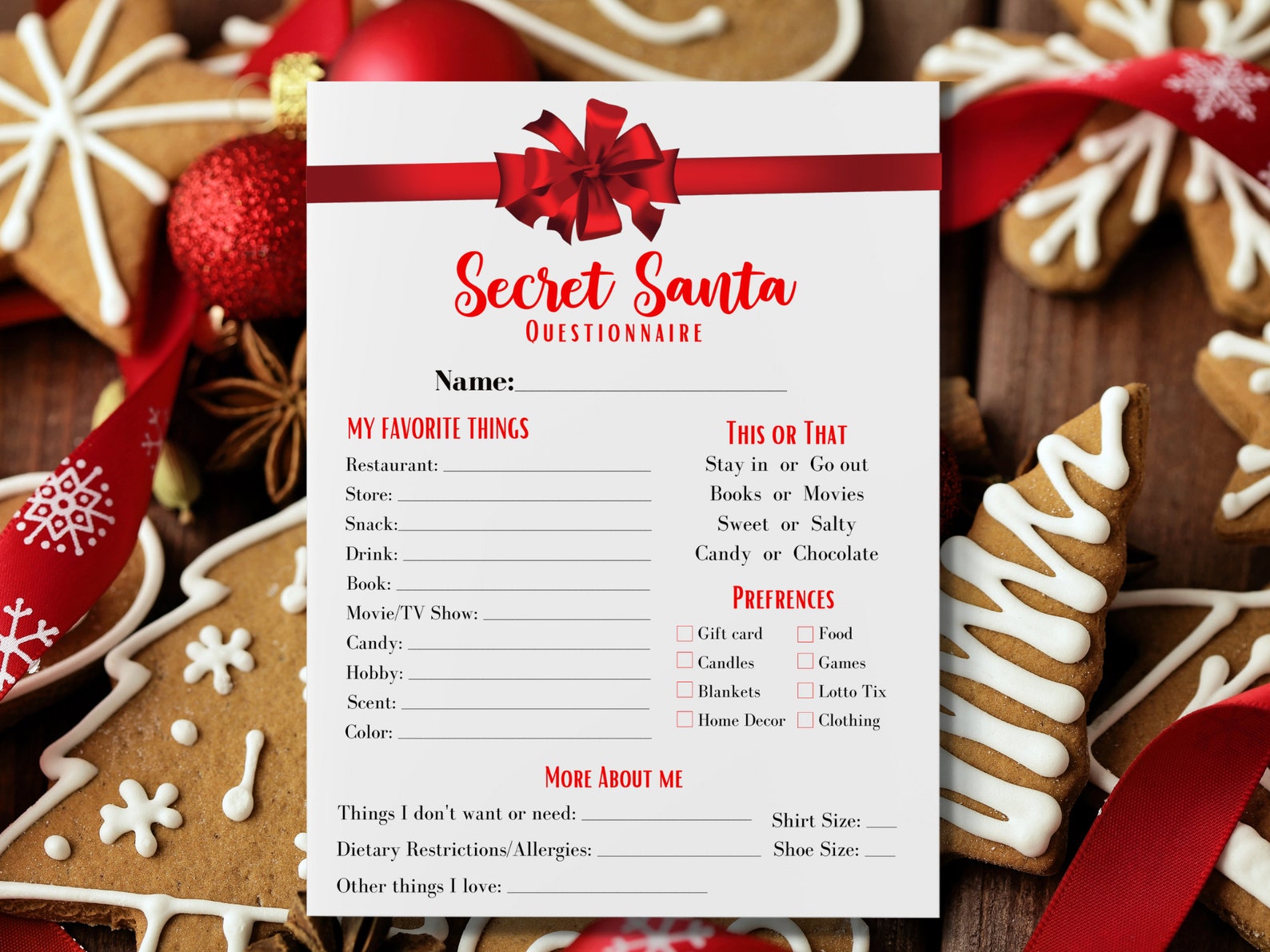 Secret Santa Gift Exchange Printable Gift Questionnaire Gift List ...