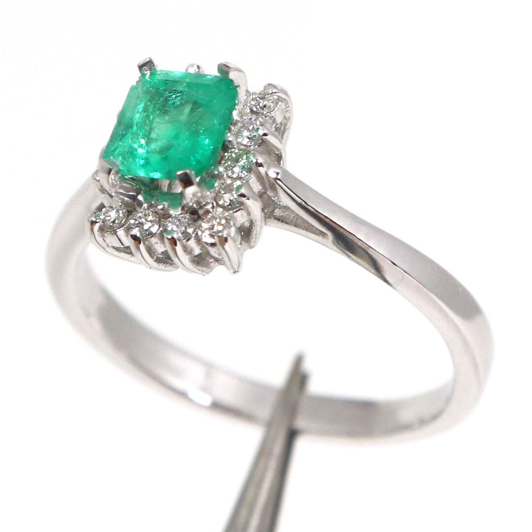14k White Gold Ring With Colombia Emerald and Small Diamonds Size 7 - Etsy