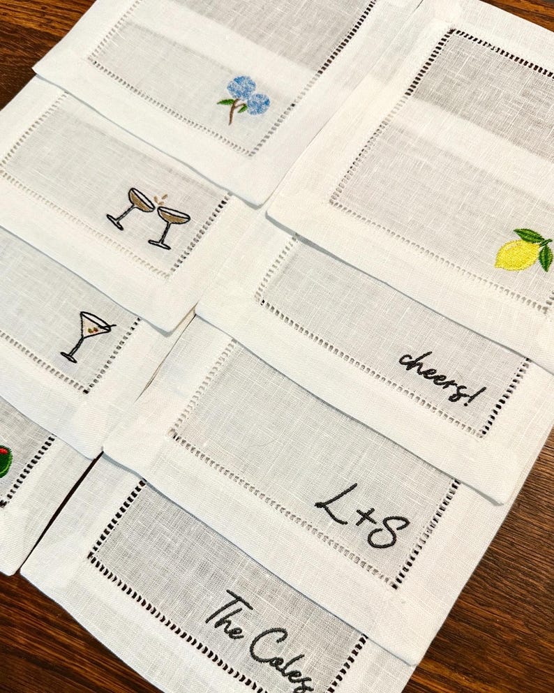 Custom Embroidered Linen Cocktail Napkin Set With Trendy Icons ...