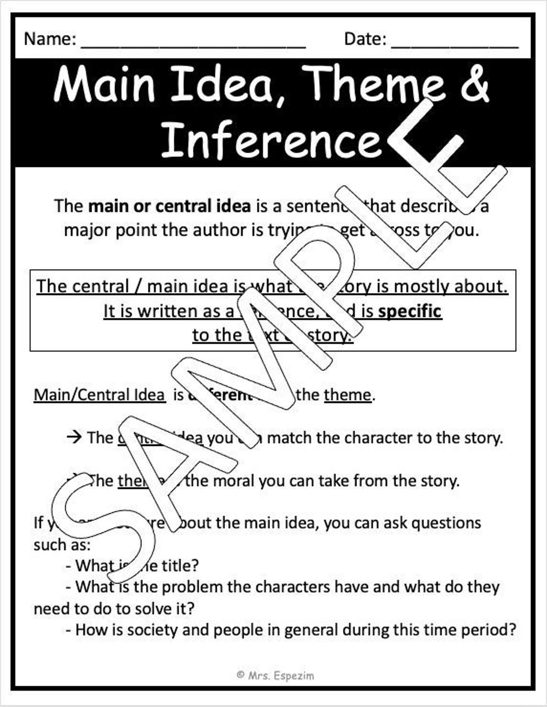 Main Idea, Theme and Inference - Etsy