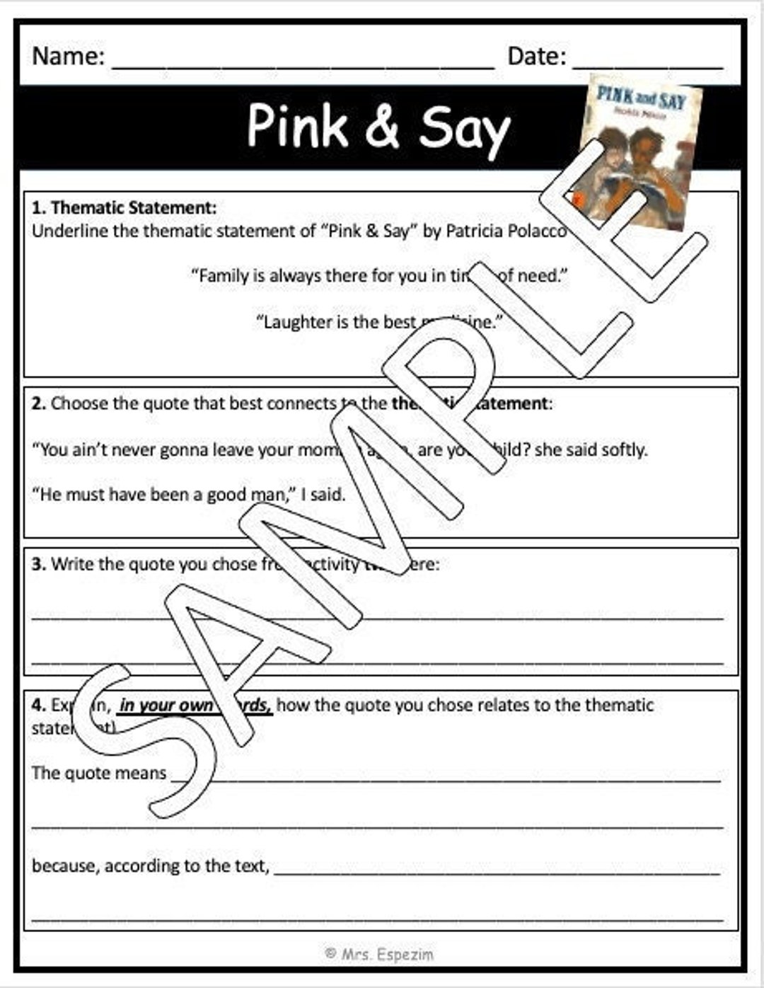 Pink & Say (patricia Polacco) - Assessment - Etsy