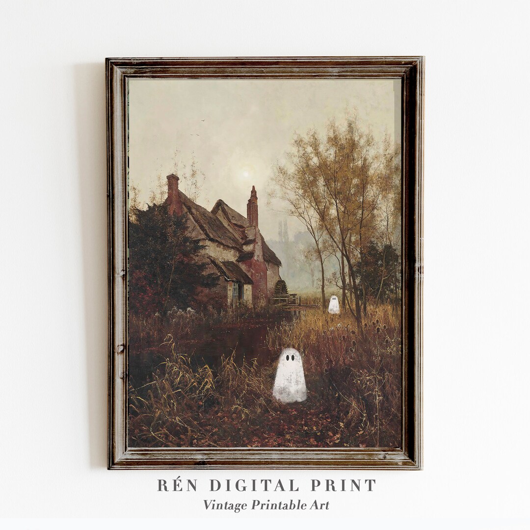 Vintage Halloween Print Cute Ghost Painting Printable Wall Art Antique ...