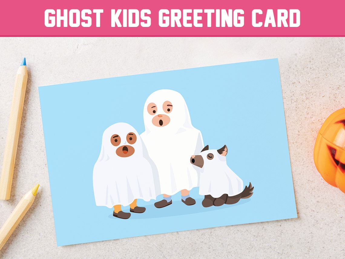 Printable Greeting Card - Ghost Kids With Dog | Halloween Digital ...