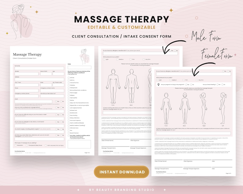 Editable Massage Therapist Forms, Massage Consent Form, Massage Intake ...