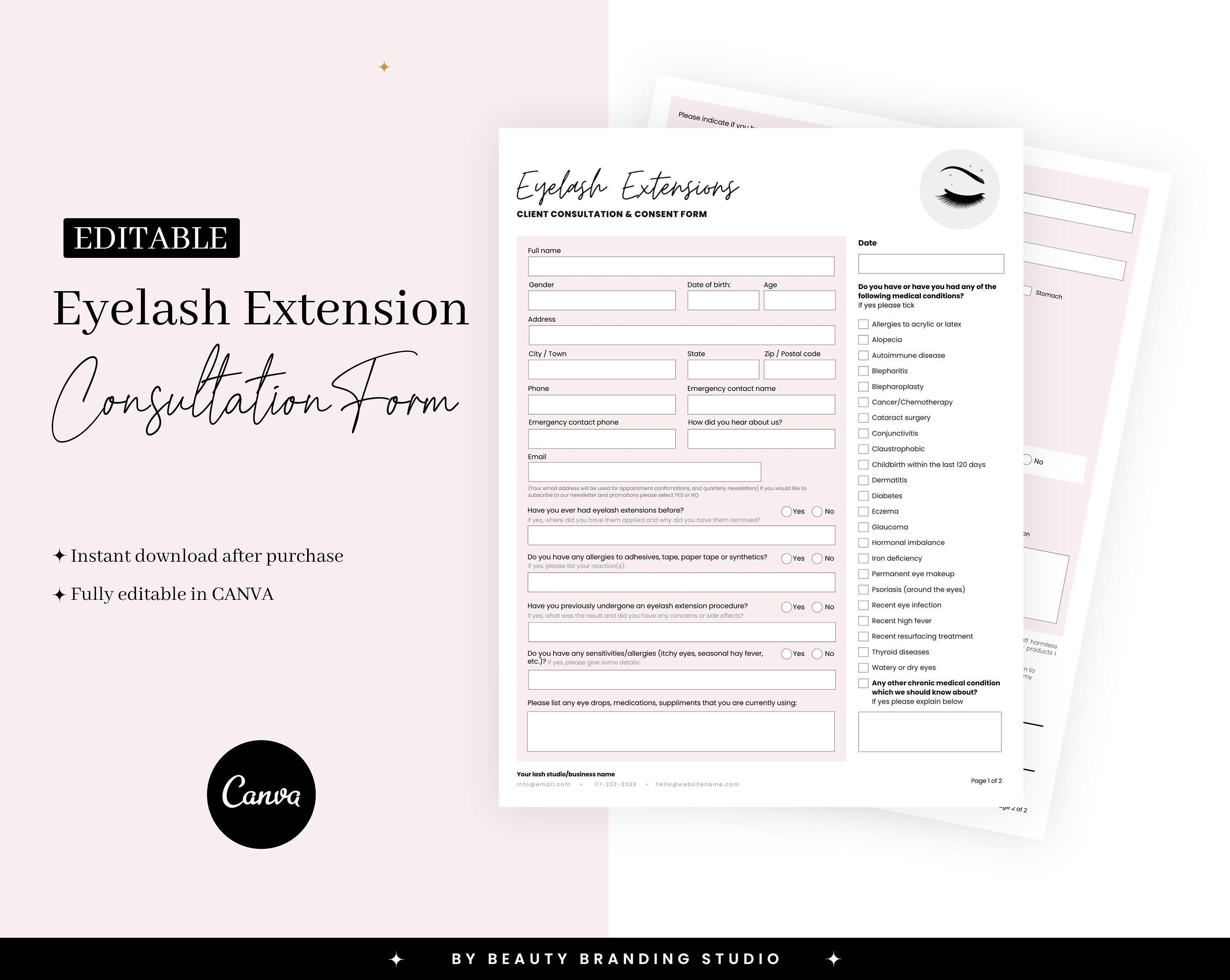 Eyelash Extension Form, Editable Lash Tech Intake & Consultation Form ...