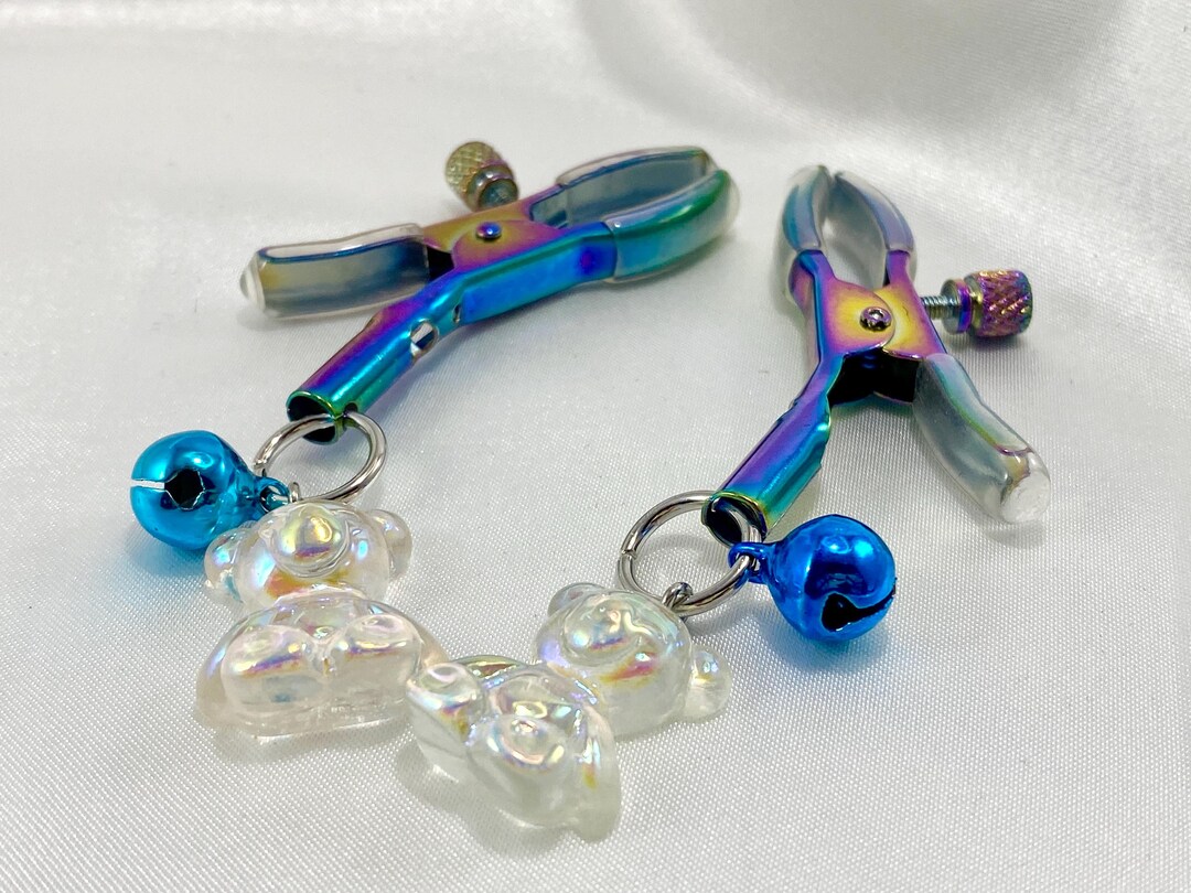 Rainbow Metallic Nipple Clamps With Clear Tips & Resin Gummy Bear Charm ...