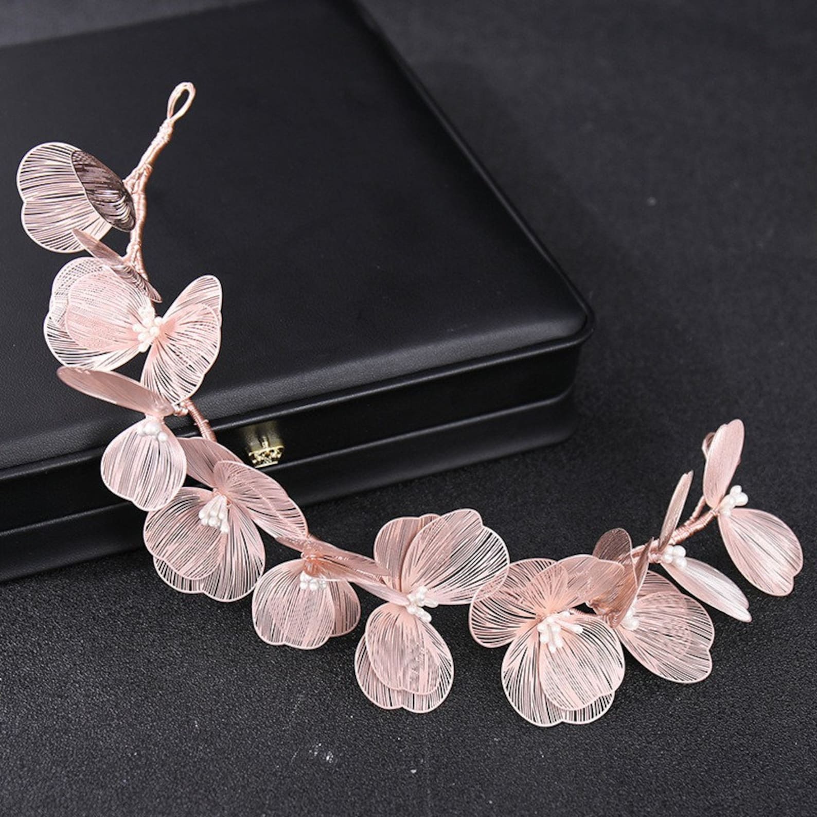 Rose Gold Hair Vine, Pink Leaf Flower Pearl Hair Piece, Bridal ...