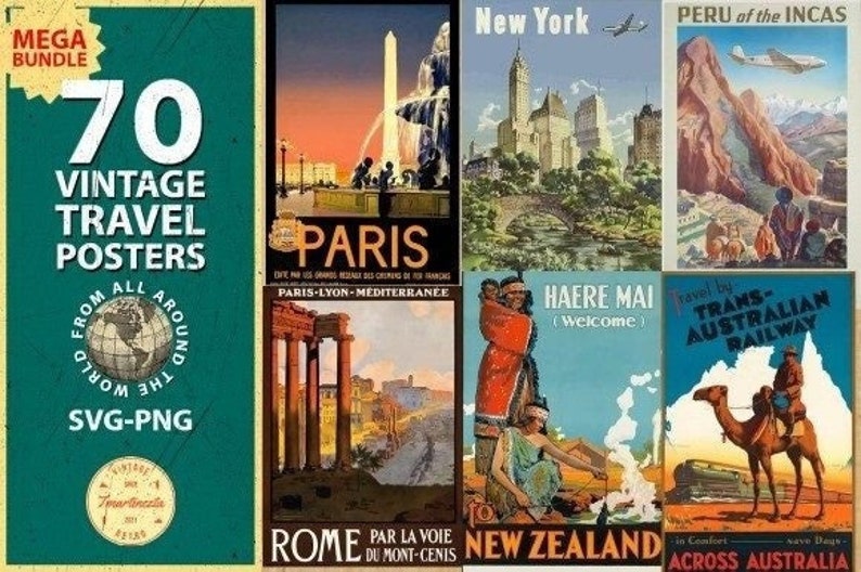 70 Piece Collection of Vintage Travel Posters, Travel-themed Wall ...