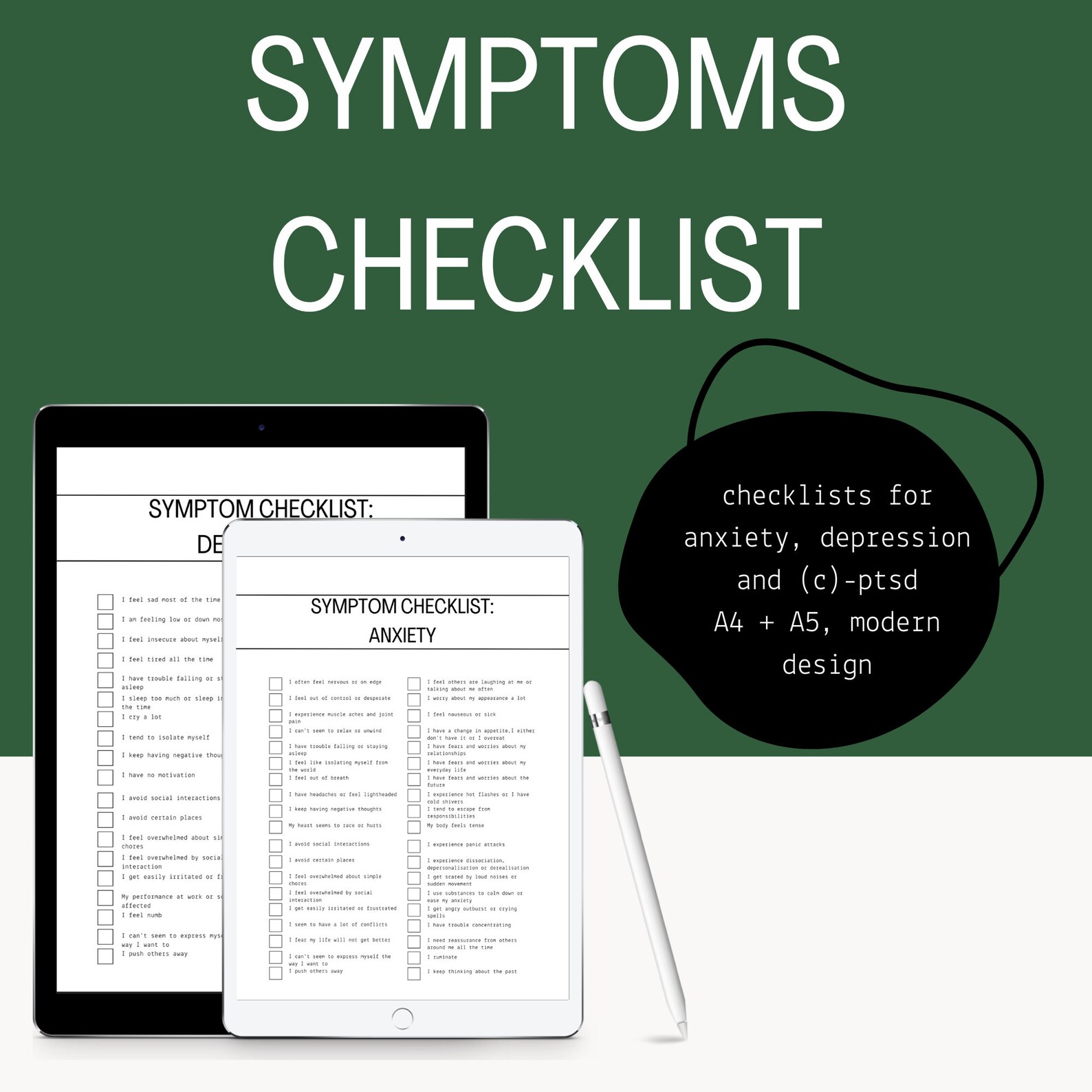 Depression Symptoms Checklist Worksheet Anxiety Symptoms - Etsy