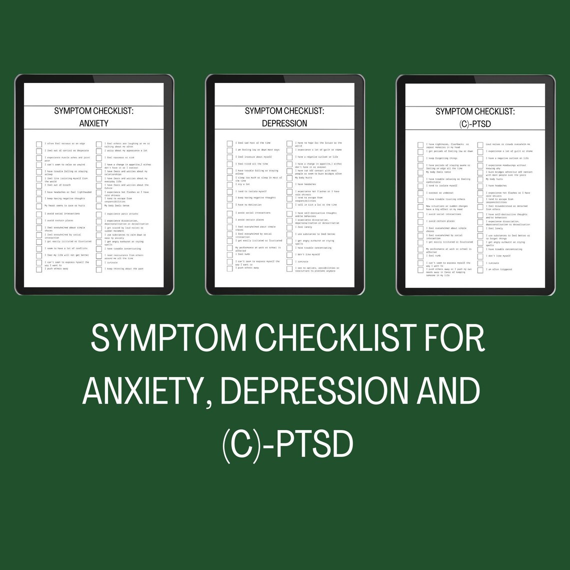 Depression Symptoms Checklist Worksheet, Anxiety Symptoms Checklist ...