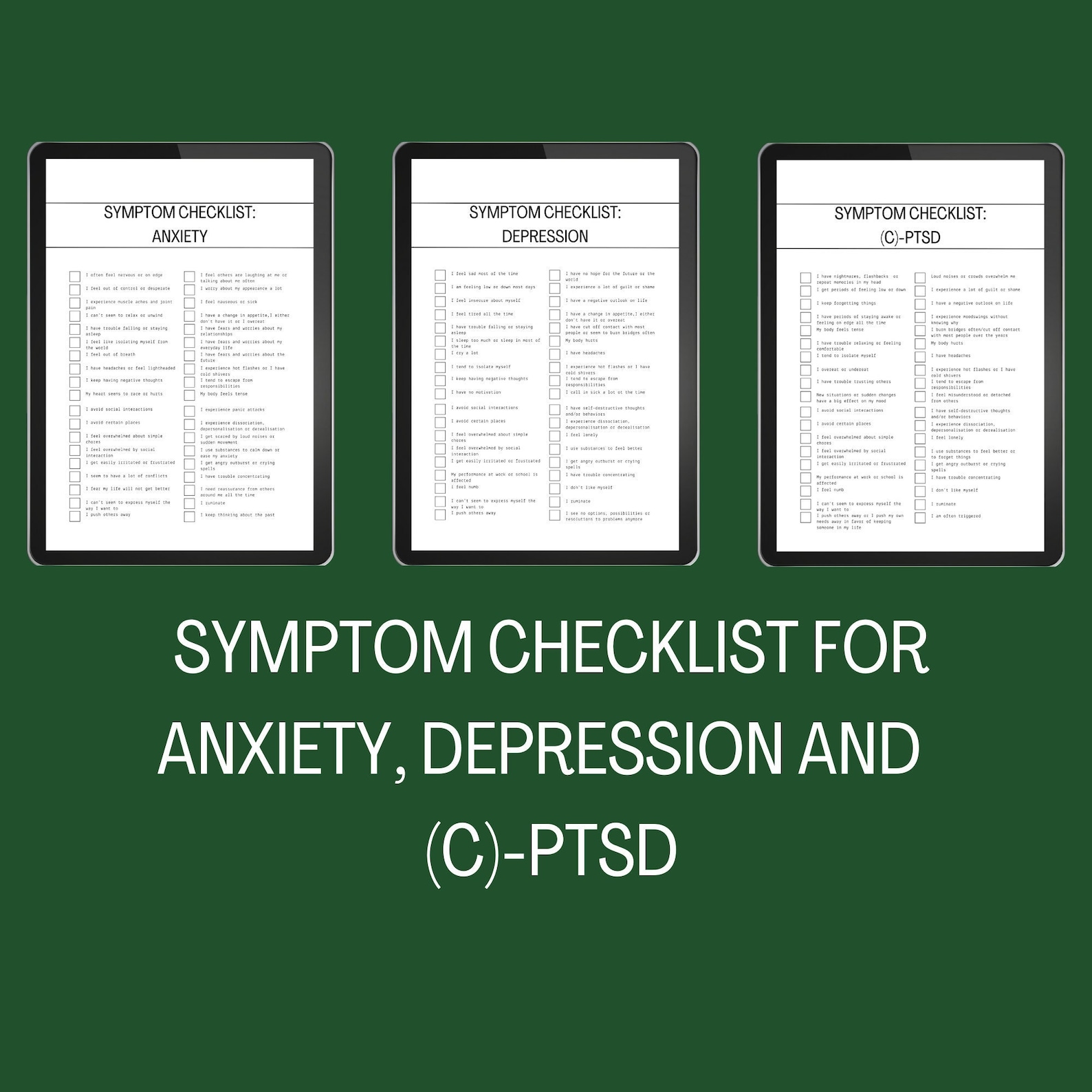 Depression Symptoms Checklist Worksheet, Anxiety Symptoms Checklist ...