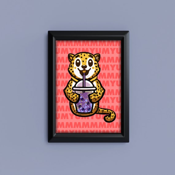 Leopard Cat Drinking Boba Bubble Tea Poster Printable Wall - Etsy