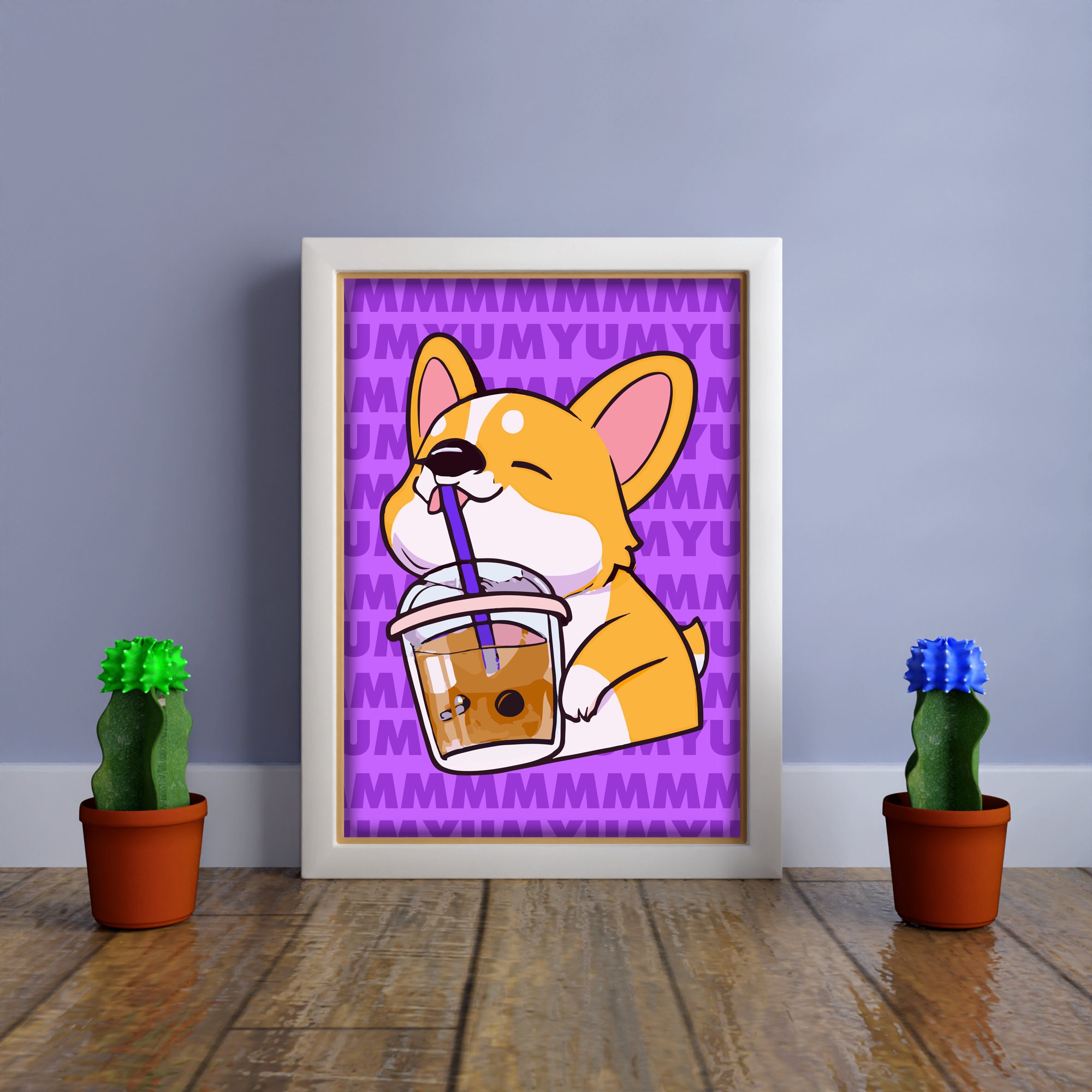 Corgi Drinking Boba Bubble Tea Poster Printable Wall Art Instant Download Art Funny Dog Poster ...