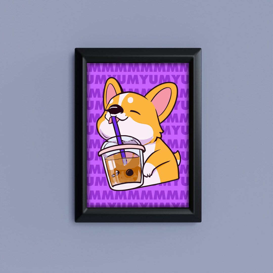 Corgi Drinking Boba Bubble Tea Poster Printable Wall Art Instant Download Art Funny Dog Poster ...