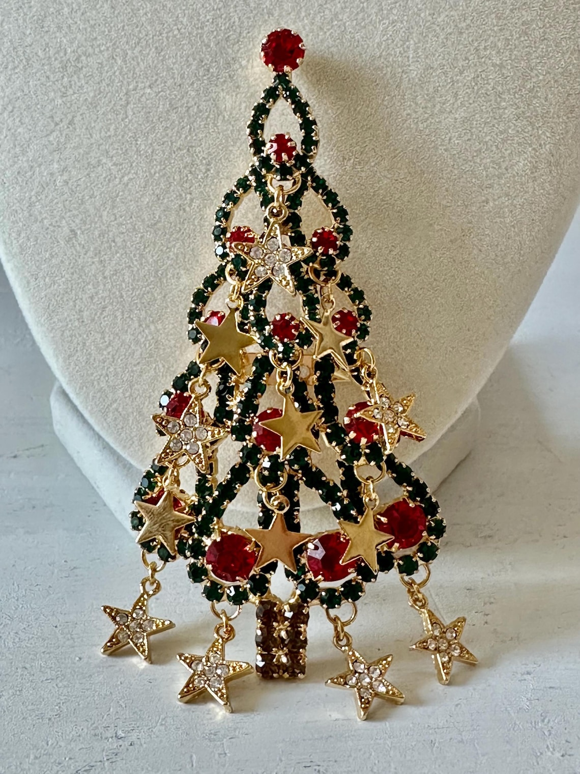 Vintage Christmas Tree Brooch Gold Tone With Rhinestones and Dangling ...