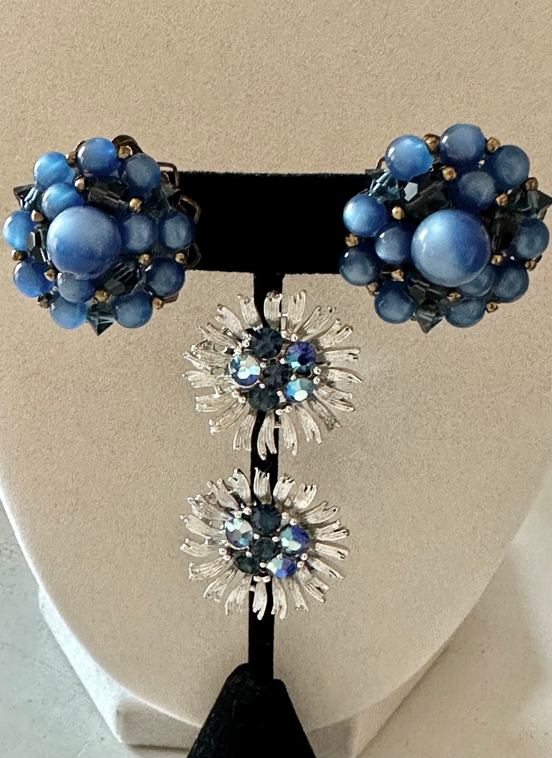 2 Pairs Vintage Lisner Earrings in Blue Rhinestones, Crystals, and ...