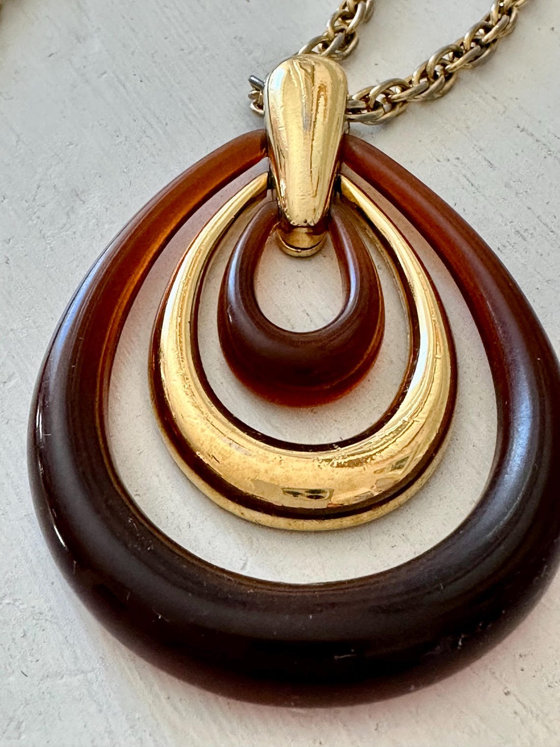 Vintage Trifari Mid-mod Amber-colored and Gold Toned Long Pendant ...