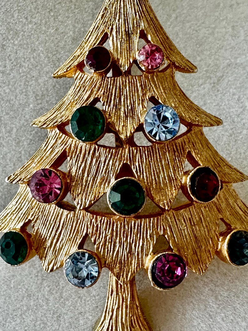 Vintage Mylu Christmas Tree Brooch Bright Gold Tone With Multi-color ...