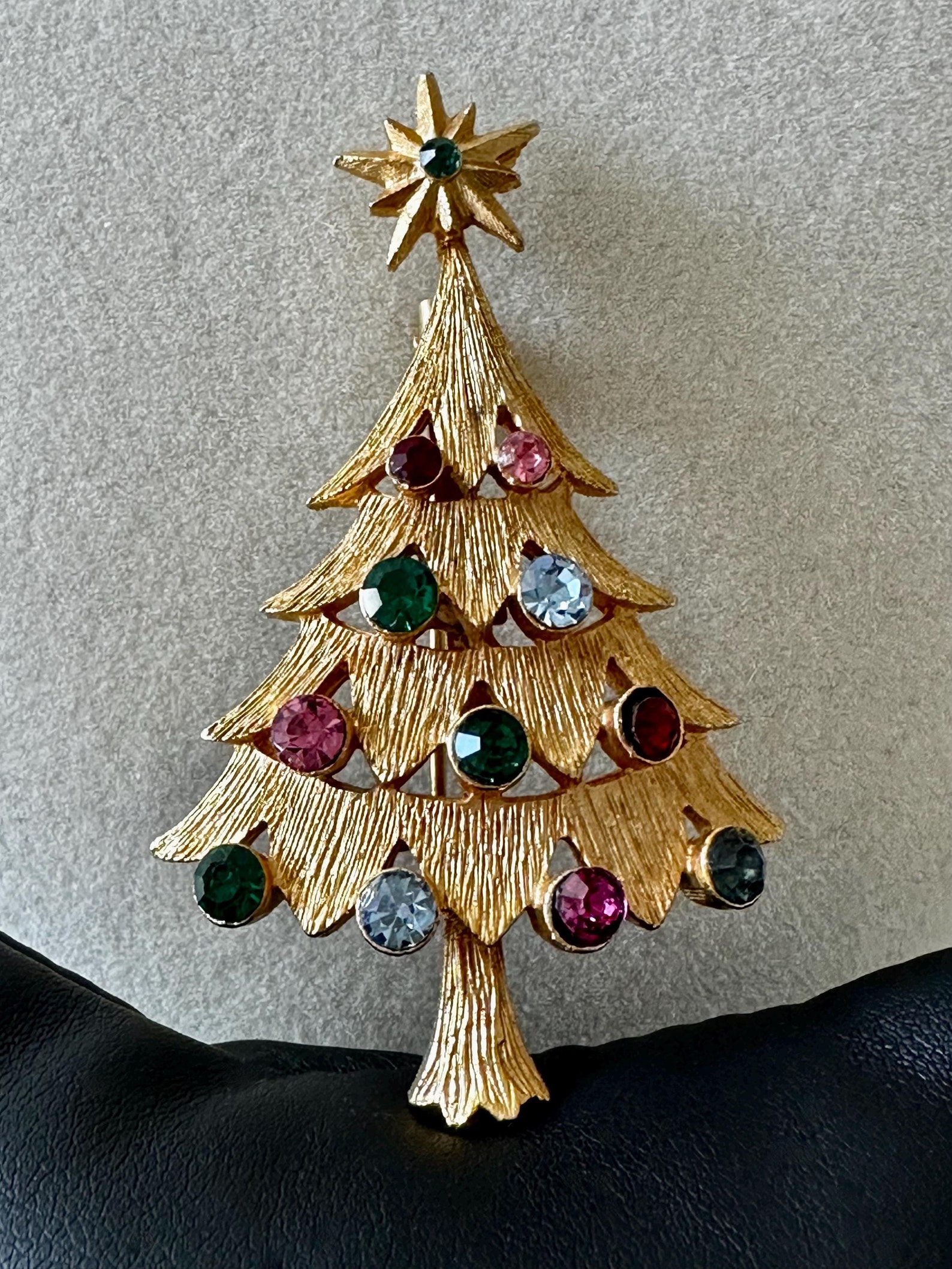 Vintage Mylu Christmas Tree Brooch Bright Gold Tone With Multi-color ...