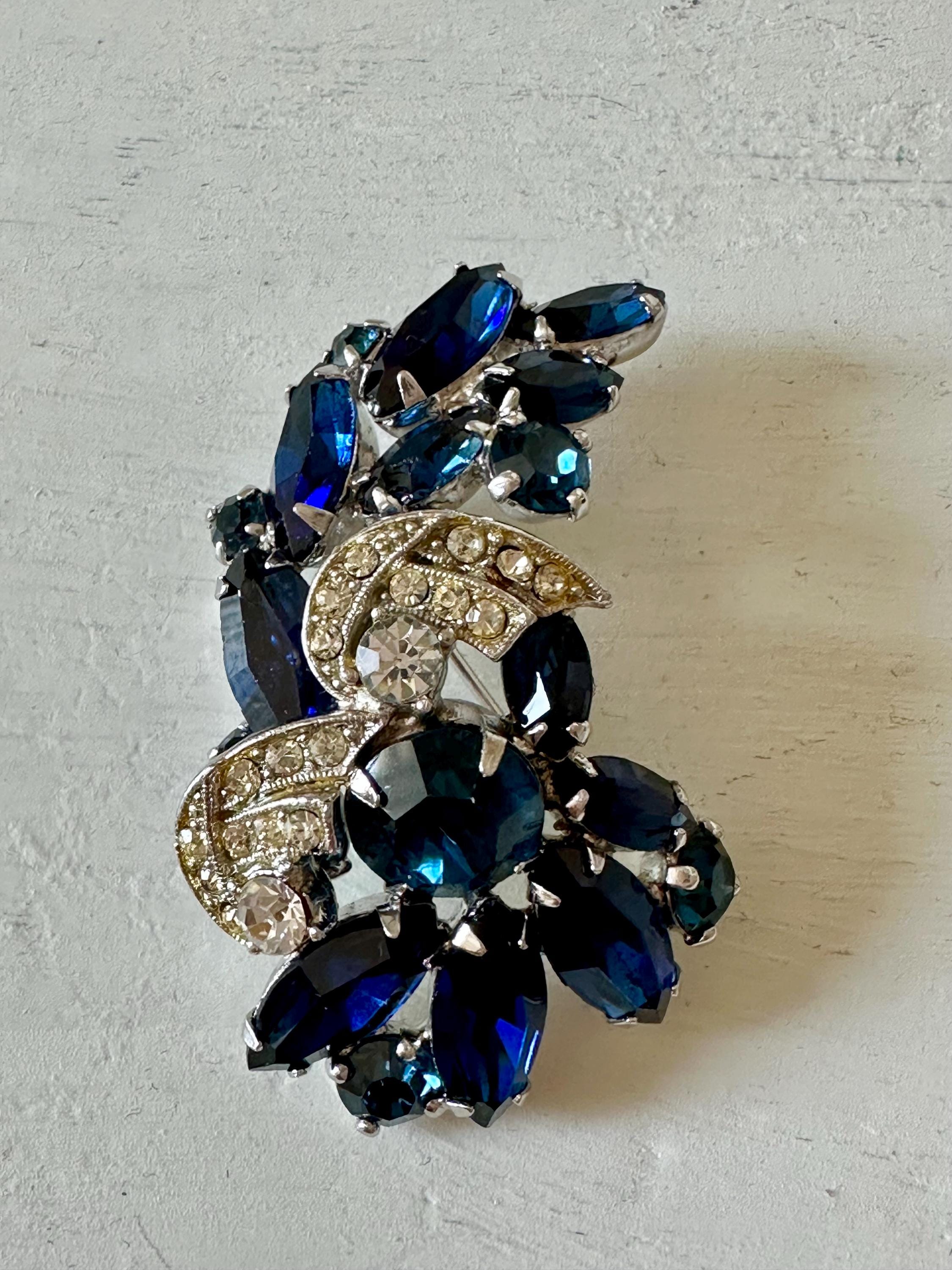 Vintage Weiss Curved Deep Blue Rhinestone Brooch 2 1/8 - Etsy