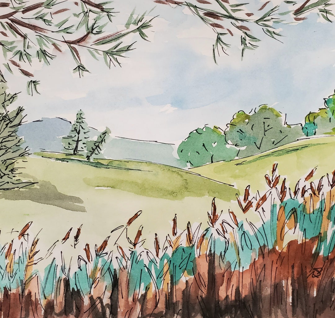 Cattail Corner - Original Watercolor With Matte - Line and Wash ...