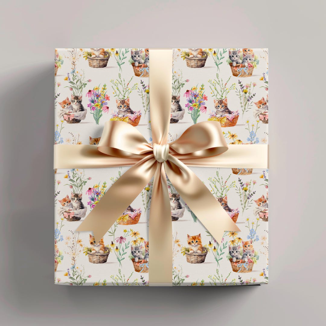 Vintage Kitten Wrapping Paper: Cottagecore Floral Cat Lover's Gift Wrap ...