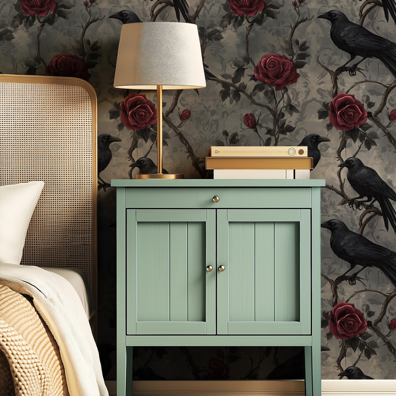 Gothic Raven and Red Rose Wallpaper: Dark Romantic Peel and Stick ...