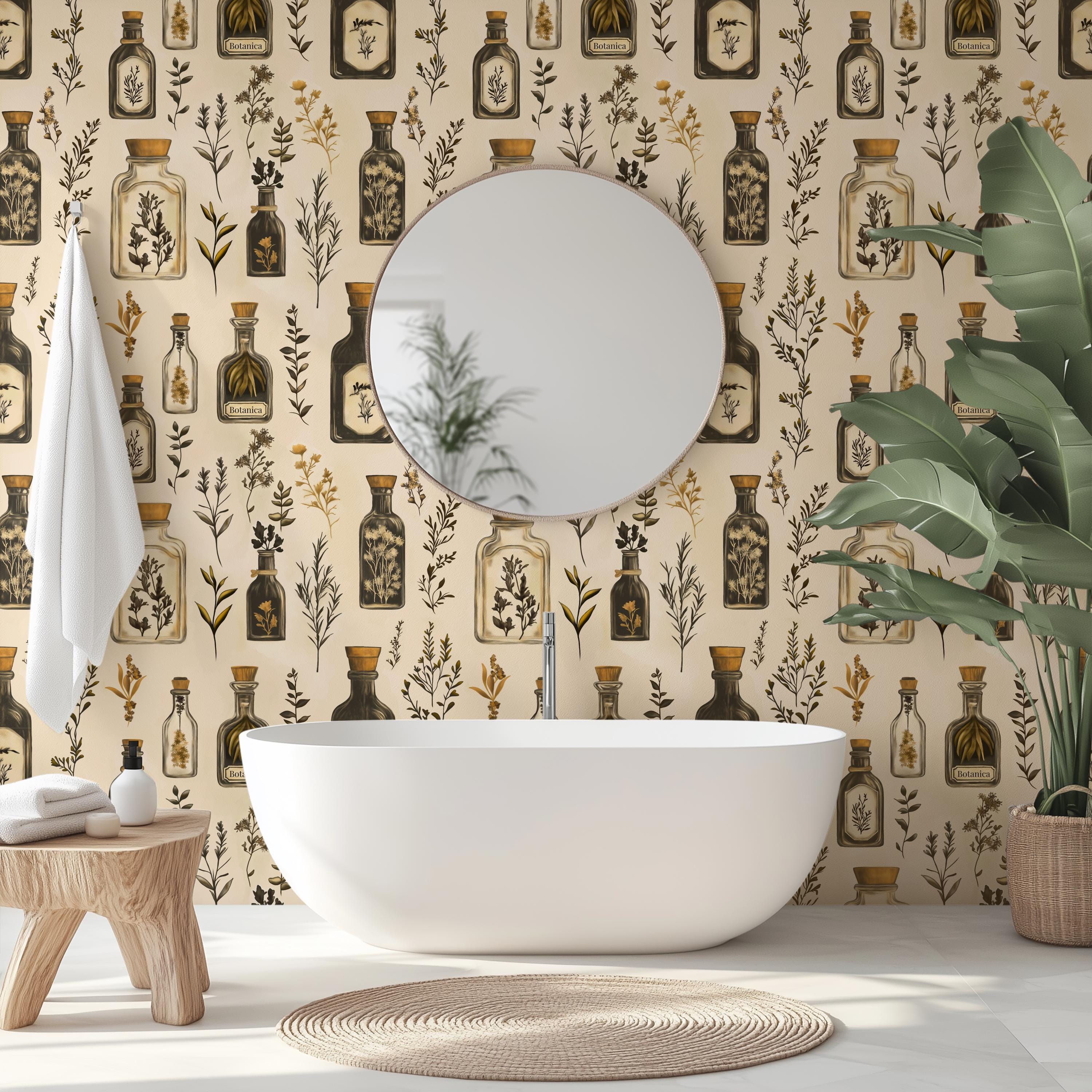Vintage Apothecary Bottle Wallpaper: Cream Botanical Herb Wall Mural - Etsy