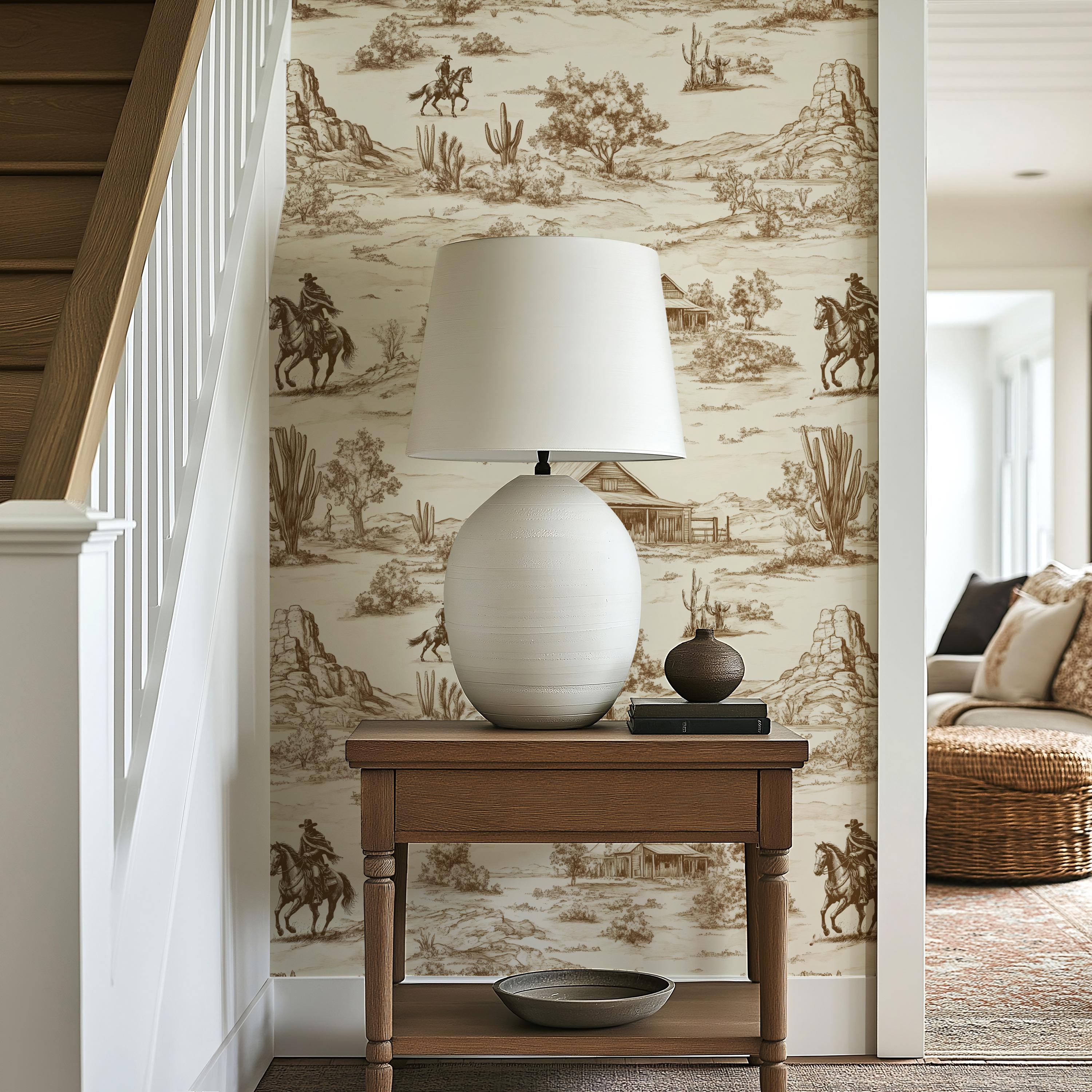 Vintage Western Toile Wallpaper: Rustic Cowboy Ranch Mural - Etsy
