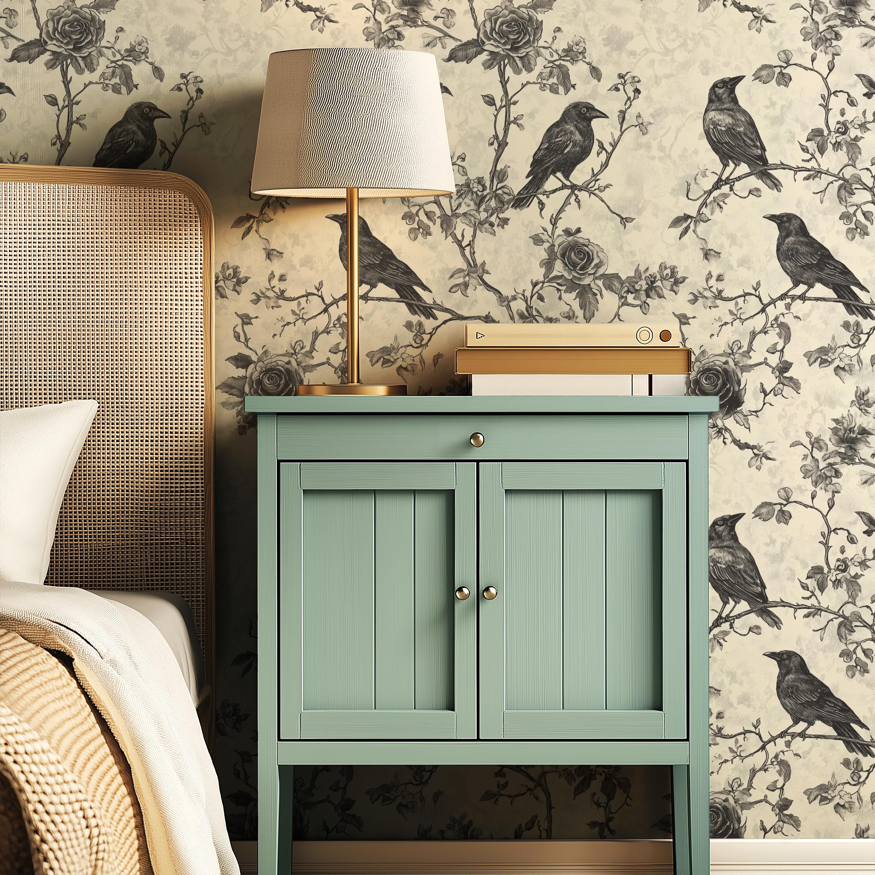 Gothic Raven and Rose Wallpaper: Dark Cottagecore Peel & Stick Mural - Etsy