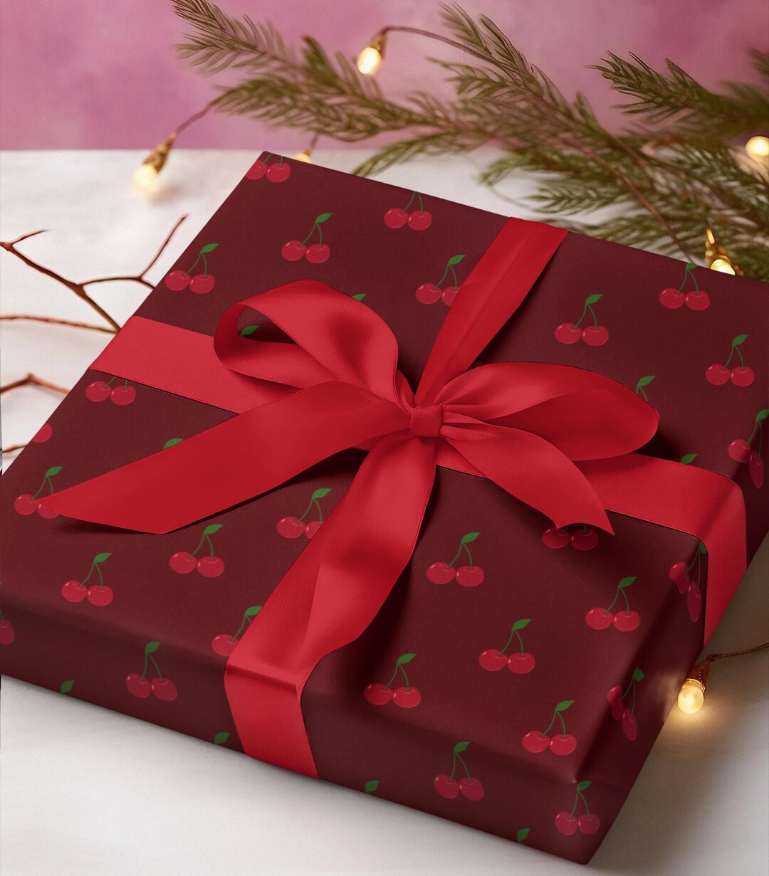 Vintage Cherry Wrapping Paper, Burgundy Red Gift Wrap, Romantic ...