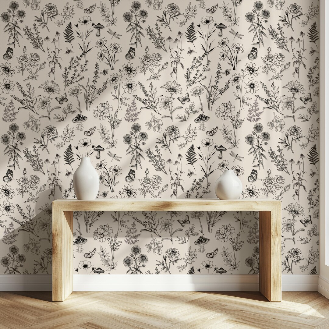 Botanical Engraving Wallpaper Vintage Floral Wall Mural Black and Ivory ...