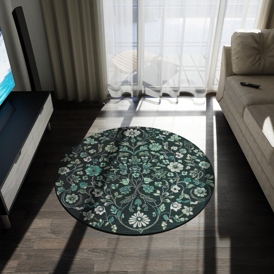 Green Floral Round Rug Flower Circle Rug Green Decor Botanical Rug ...