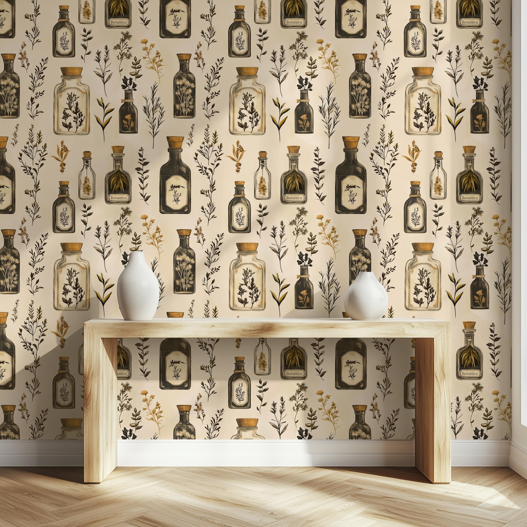 Vintage Apothecary Bottle Wallpaper: Cream Botanical Herb Wall Mural - Etsy