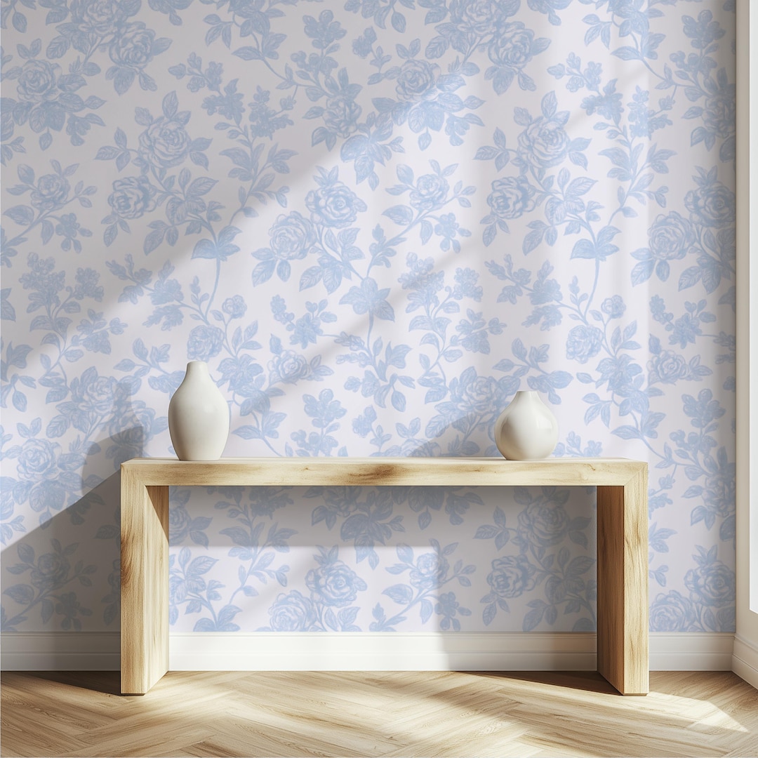 Baby Blue Toile Wallpaper: French Vintage Floral Peel and Stick Mural ...