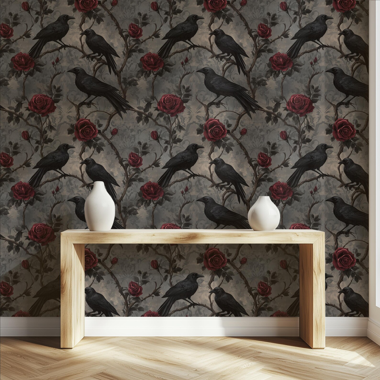 Gothic Raven and Red Rose Wallpaper: Dark Romantic Peel and Stick ...
