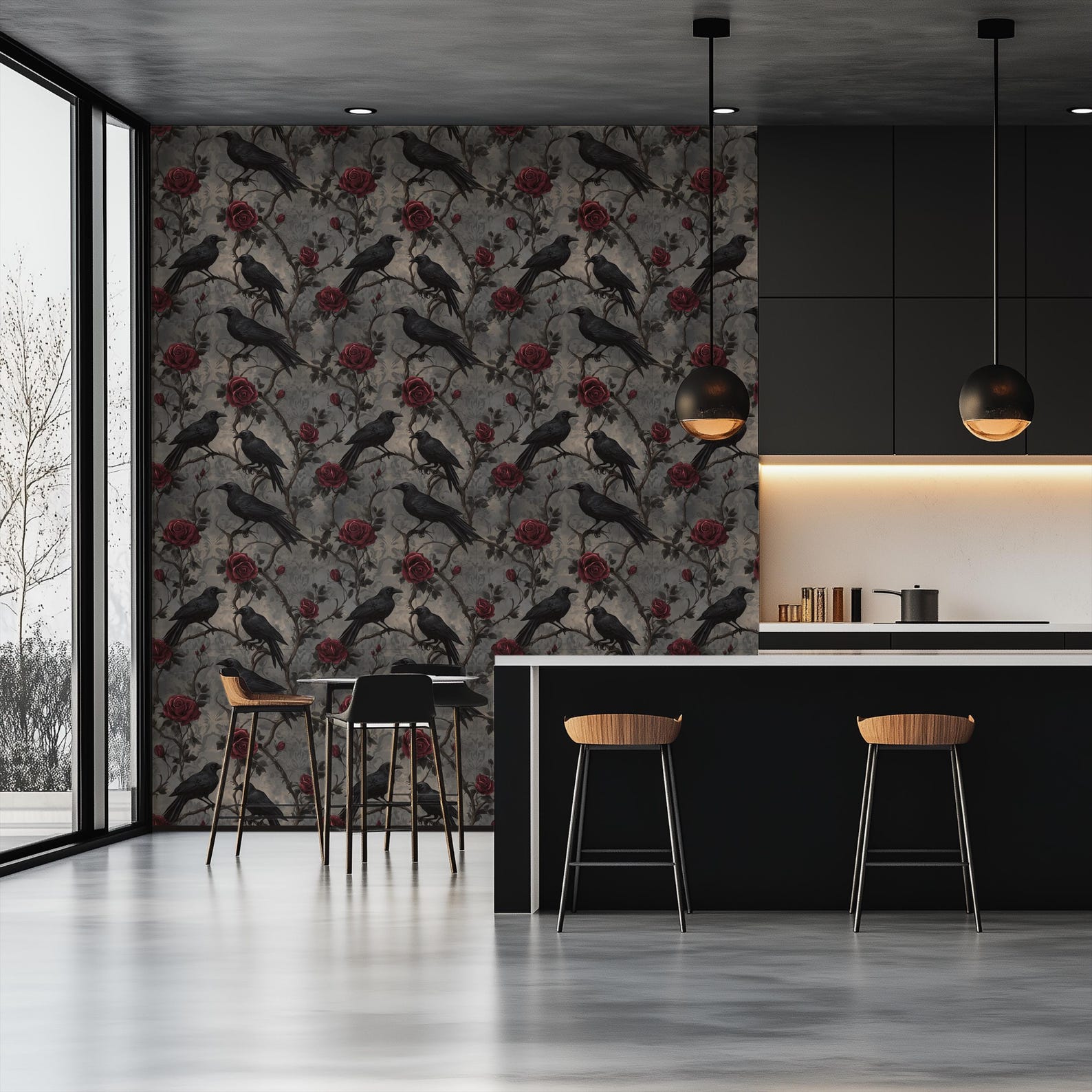 Gothic Raven and Red Rose Wallpaper: Dark Romantic Peel and Stick ...