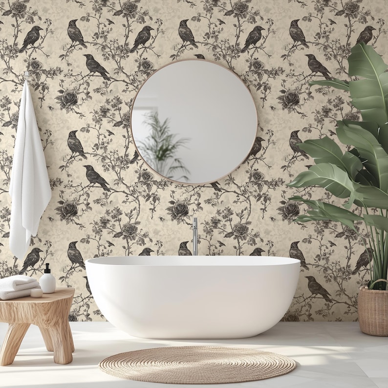 Gothic Raven and Rose Wallpaper: Dark Cottagecore Peel & Stick Mural - Etsy