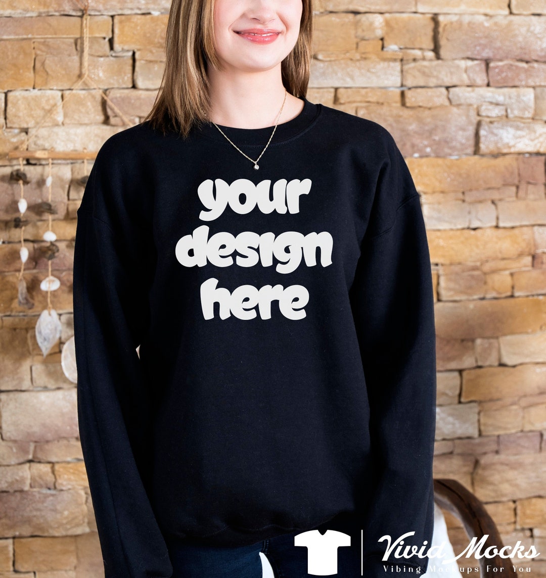 Gildan 18000 Black Sweatshirt Mockup | Boho Aesthetic Model Wearing ...