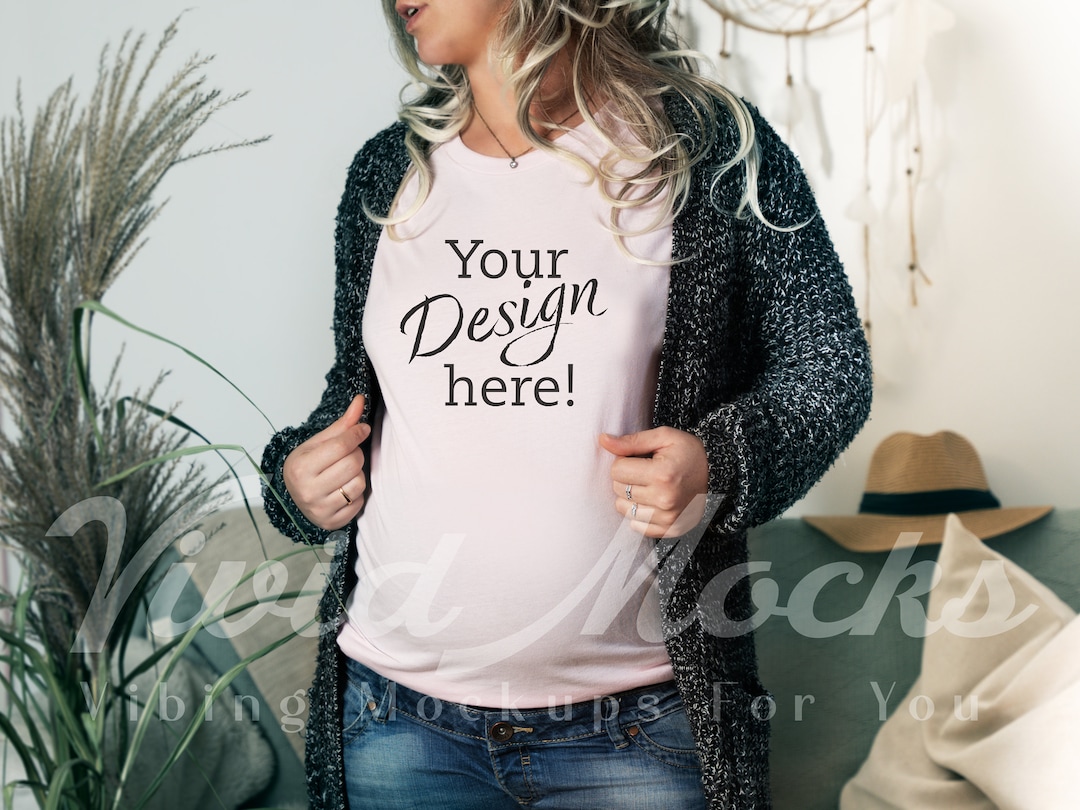 Maternity Mockup Pregnancy Model Mockup Bella Canvas 3001 Soft Pink ...